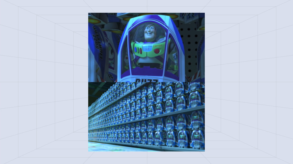 Buzz Light Year with Clones On Store Shelf - AI Memes Template