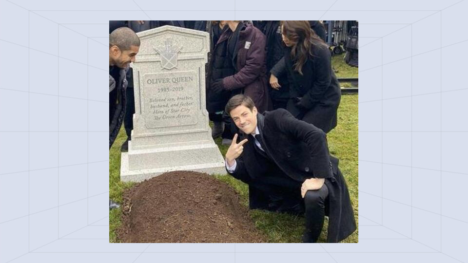 Grant Gustin Peace Sign At Oliver Queen's Grave - AI Memes Template