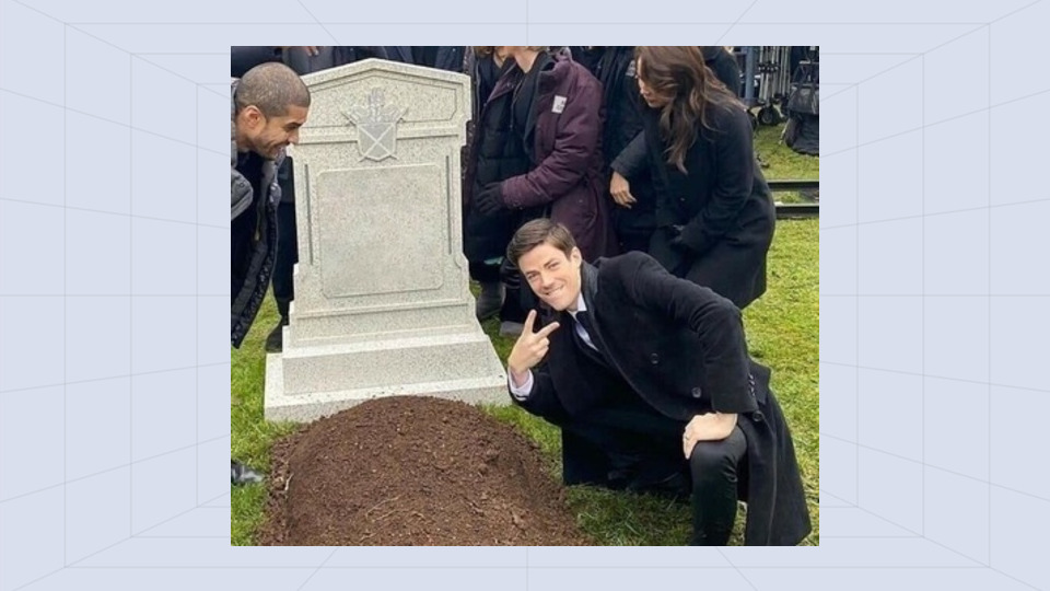 Grant Gustin Peace Sign At Oliver Queen's Grave - AI Memes Template