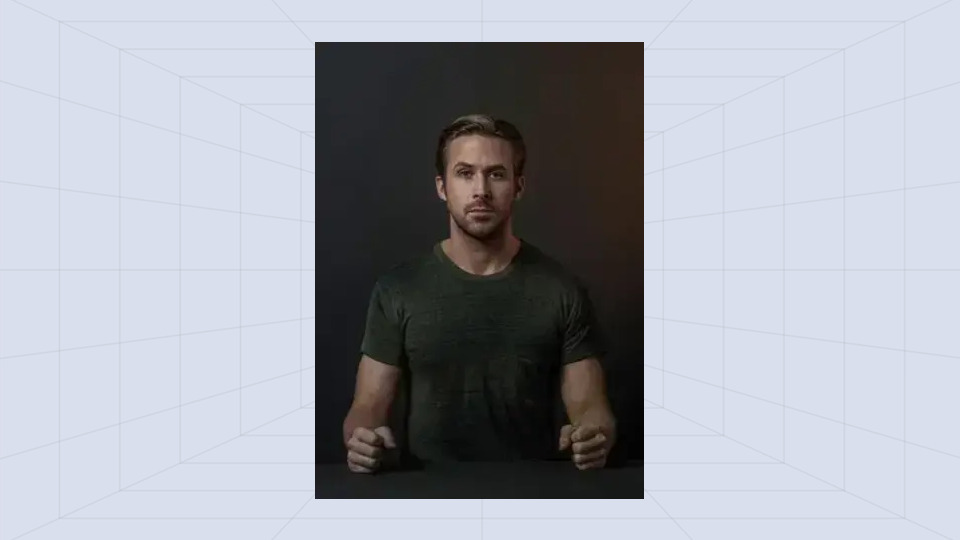 Ryan Gosling with Clenched Fists at Table - AI Memes Template