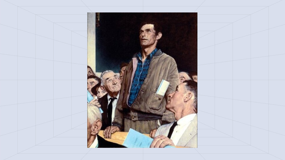 Norman Rockwell - Man taking a stand in a town hall meeting - AI Memes ...
