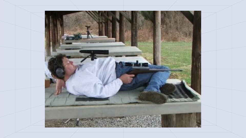 Man Shooting Gun At Range With Weird Pose - AI Memes Template